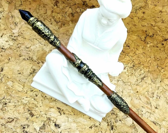 Black,crystal,long Wand,13 Inch,oak,bronze,black Wand,wiccan Pagan ...