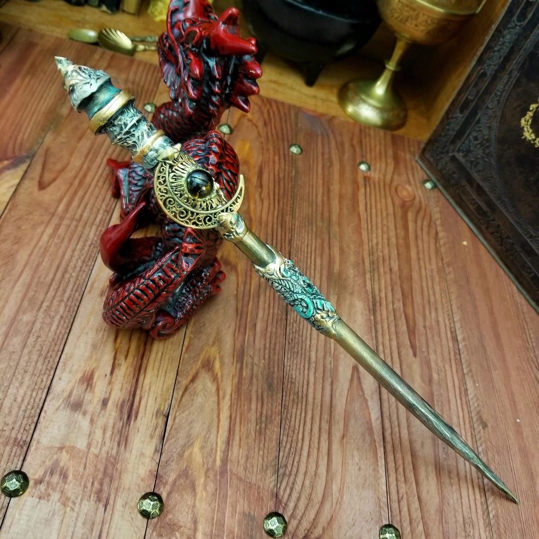 Druid Wand,12 Inch,oak,crescent Moon,blue,bronze,wiccan Pagan Altar ...