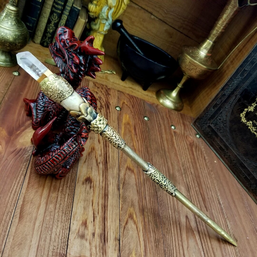 Quartz,crystal,long,wand,14 Inch,oak,ivory,white,gold,wiccan Pagan ...