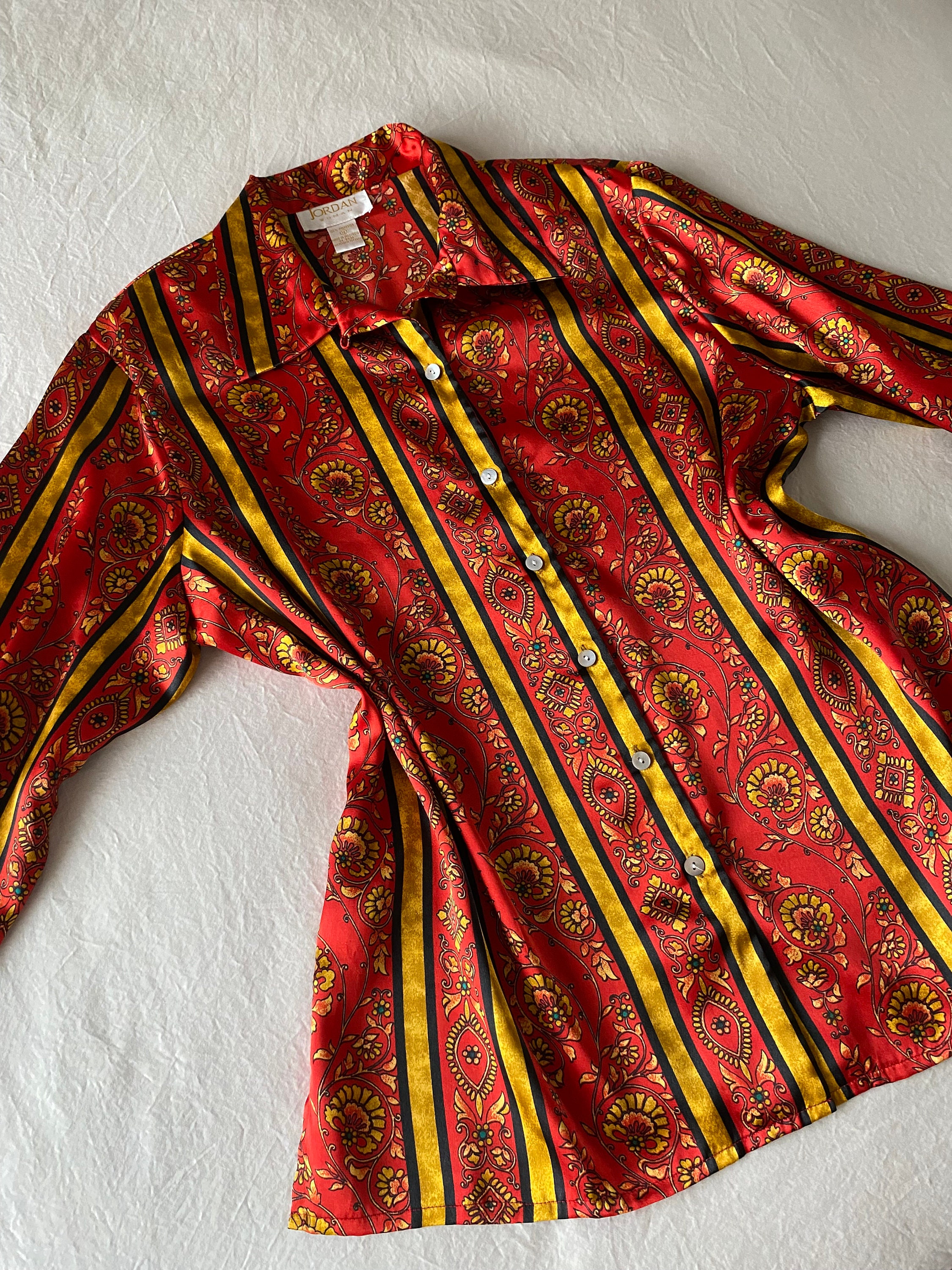 90s Vintage Jordan Woman Striped Satin Button Down Blouse | Red Gold ...
