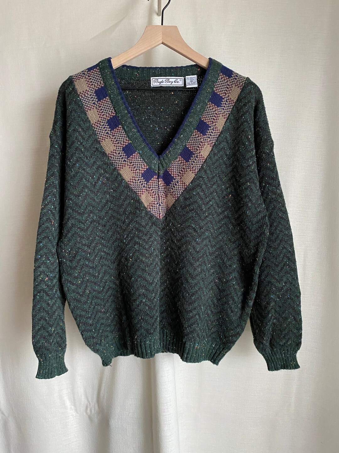 90s Vintage Bugle Boy Co. Grandpa V-neck Sweater Olive Green Earth ...