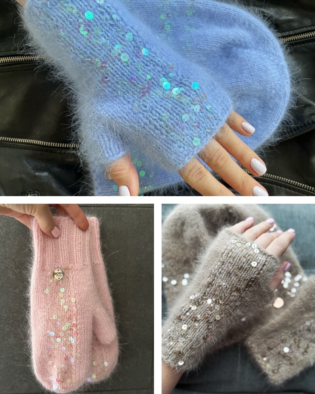 Hand Knitted Fluffy Angora Mittens Knitted Angora Hand Warmers Sequin ...