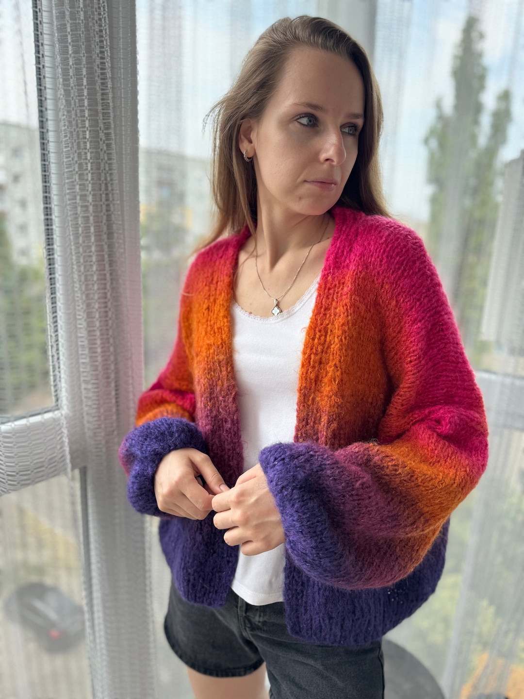 Rainbow Sweater for Women Chunky Knit Cardigan Mohair Stripped Cardigan ...