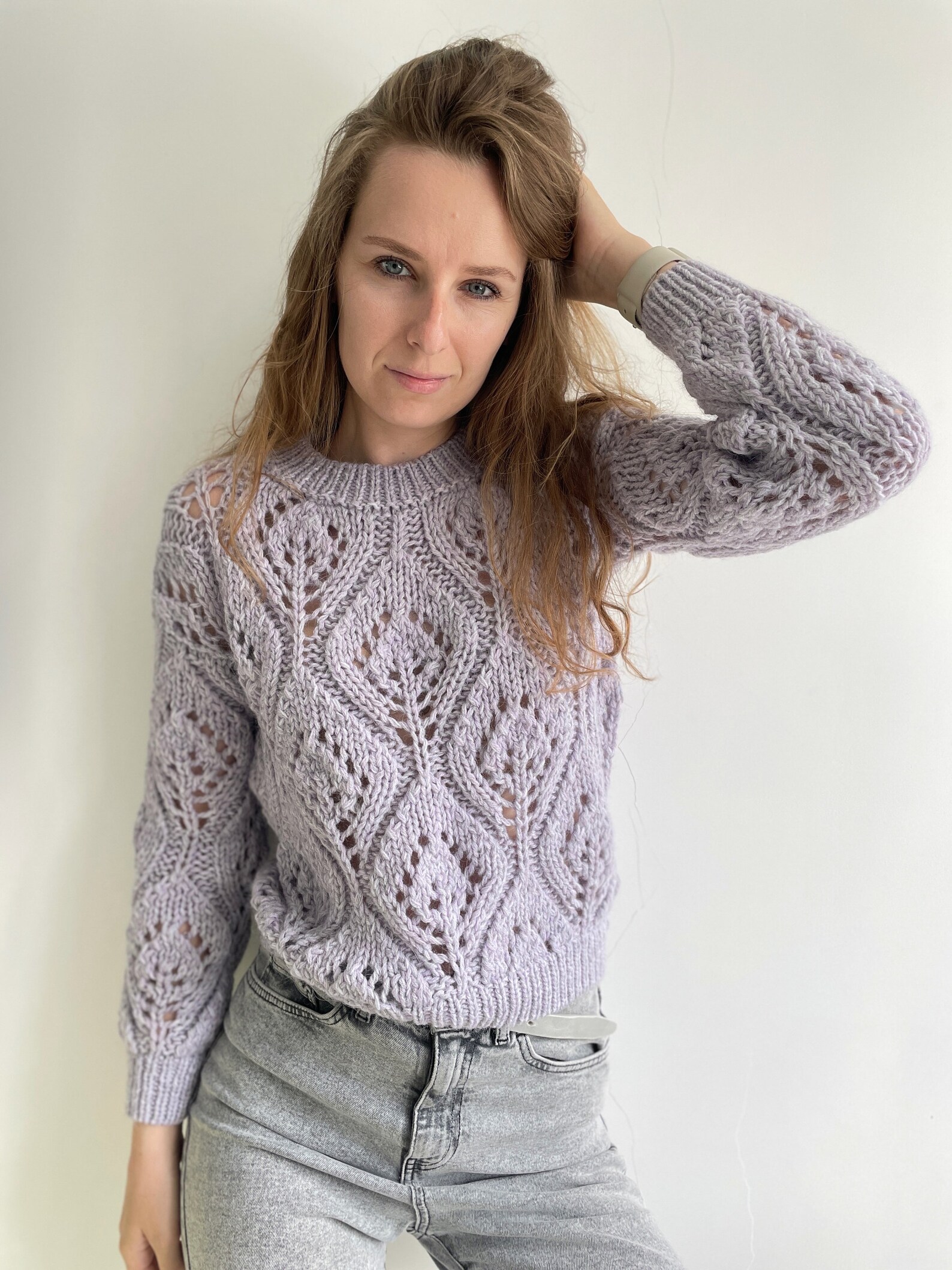 Chunky Hand Knit Sweater Women Knit Sweater With Leaves Lilac Angora ...