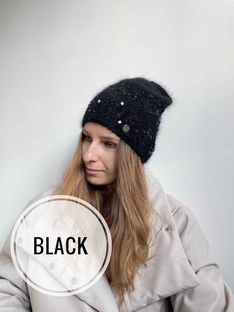 Sequined Handknit Angora Beanie Blingy Golden Winter Hat for Women Embellished Beanie Brown ...