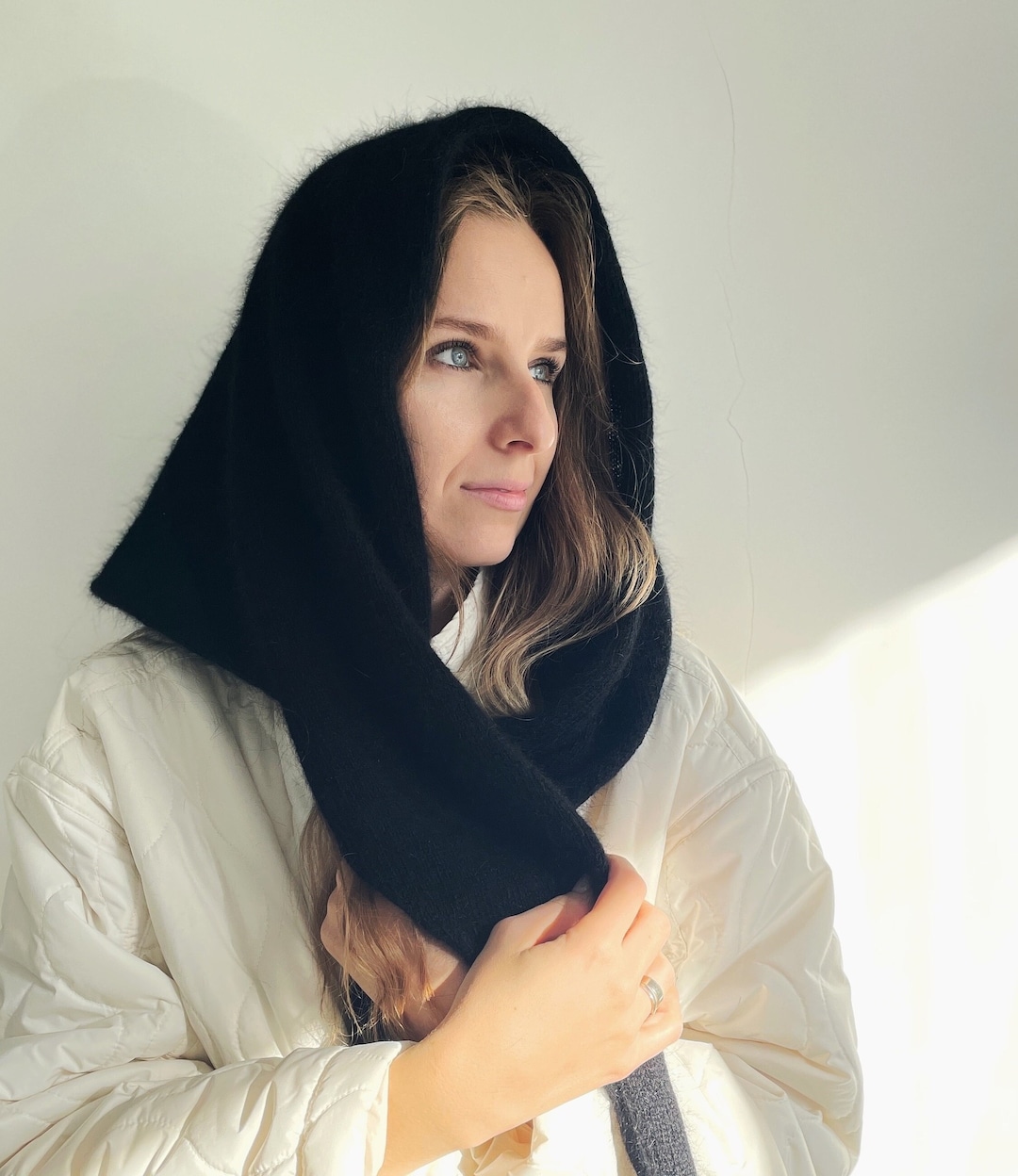 Black Angora Winter Triangle Head Scarf Hand Knitted Black Winter ...