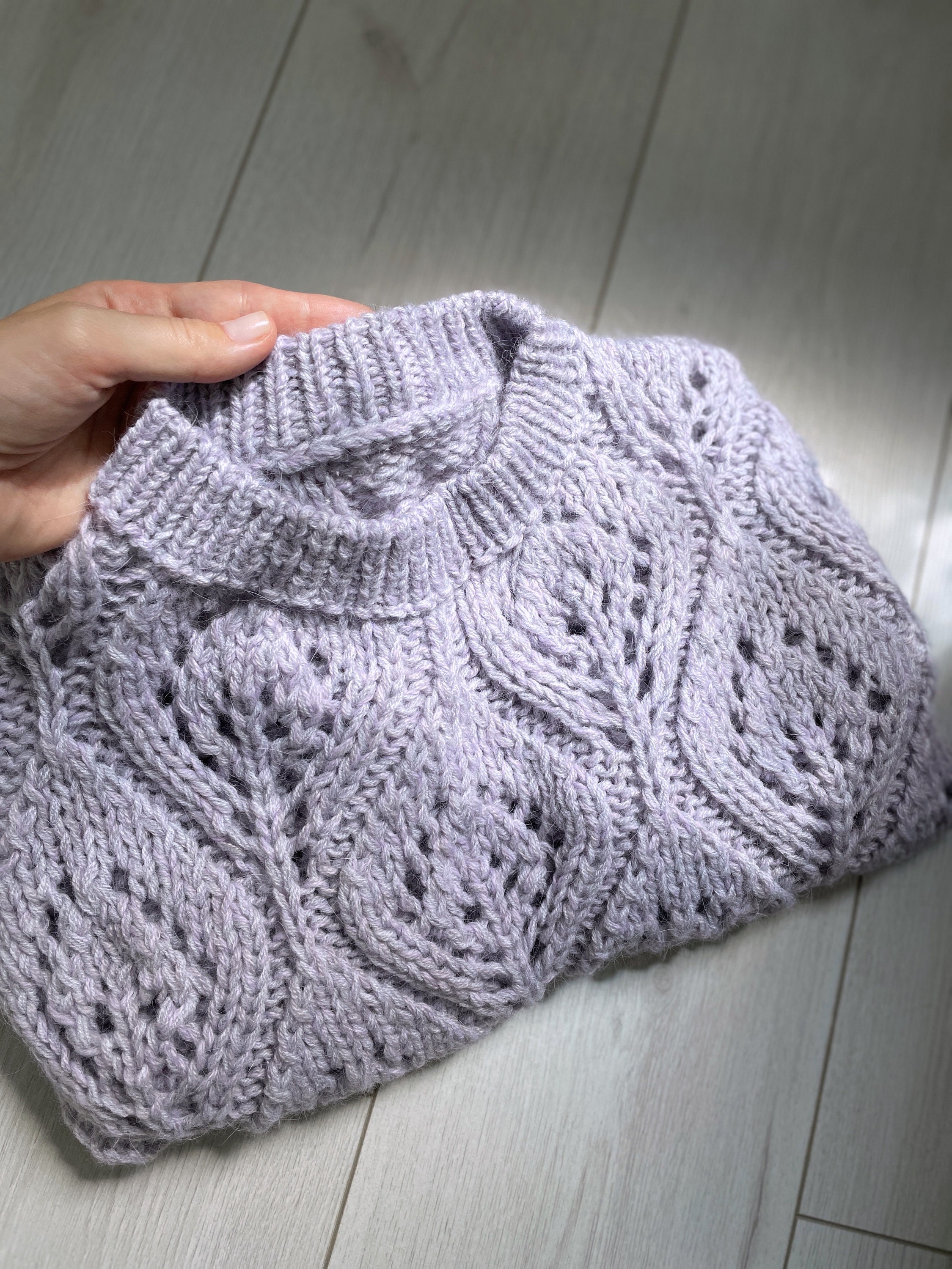 Chunky Hand Knit Sweater Women Knit Sweater With Leaves Lilac Angora ...