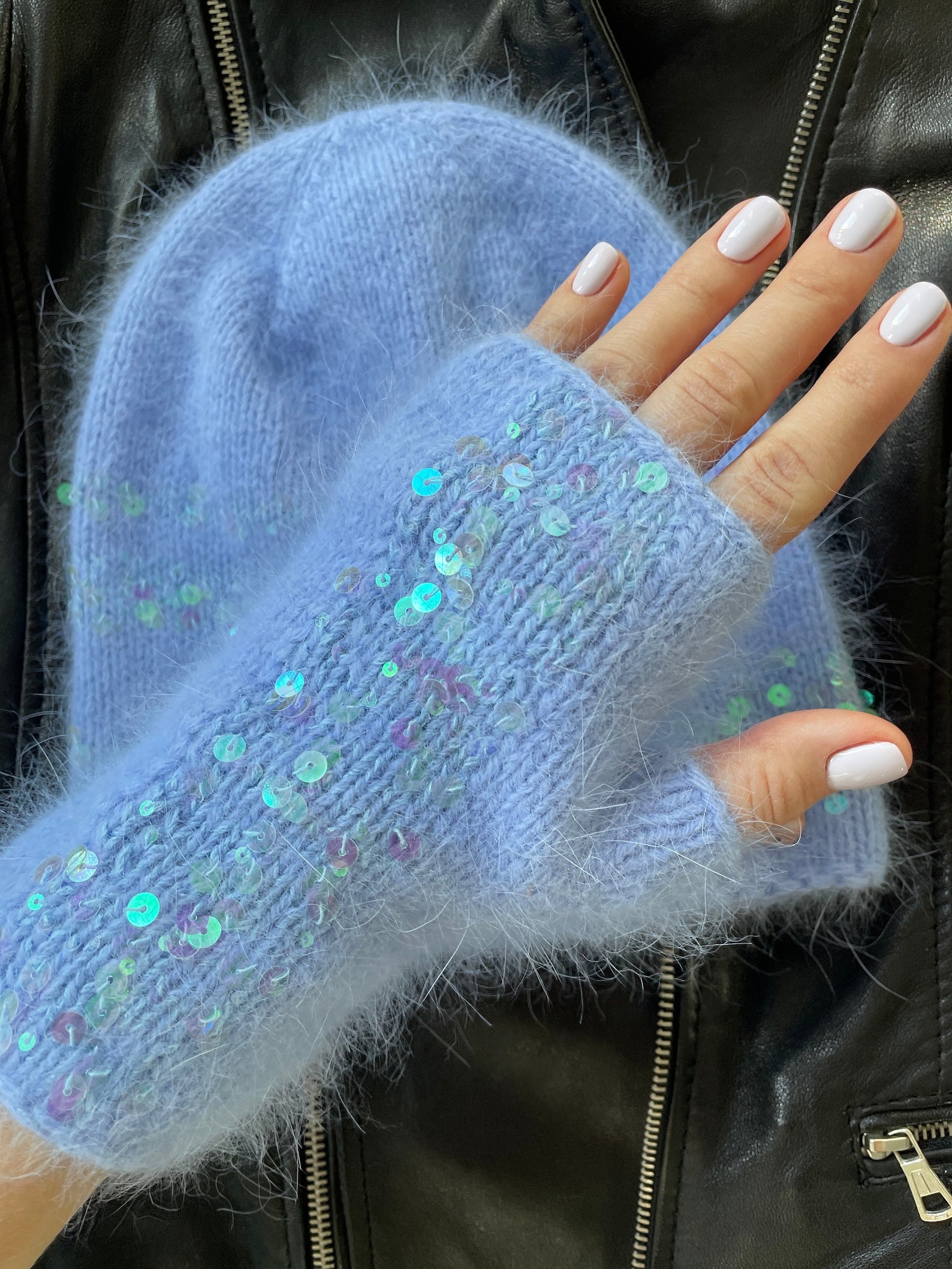 Hand Knitted Fluffy Angora Mittens and Hat Set Angora Hand Warmers ...