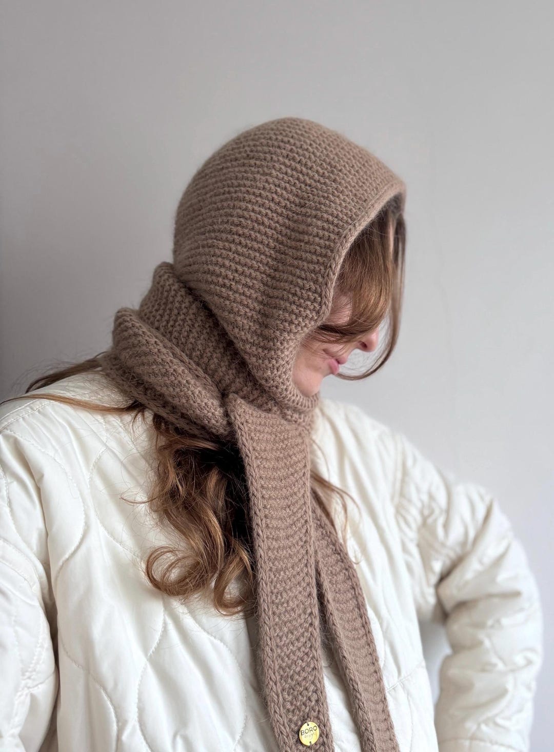 Beige Hooded Scarf Angora Hood Handmade Beige Knit Scarf Fluffy Knitted ...