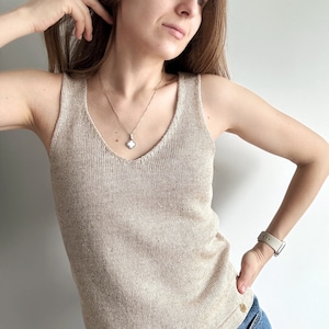 Beige Pure Linen Knitted Top Handknit Natural Linen Tank Top V-neck ...
