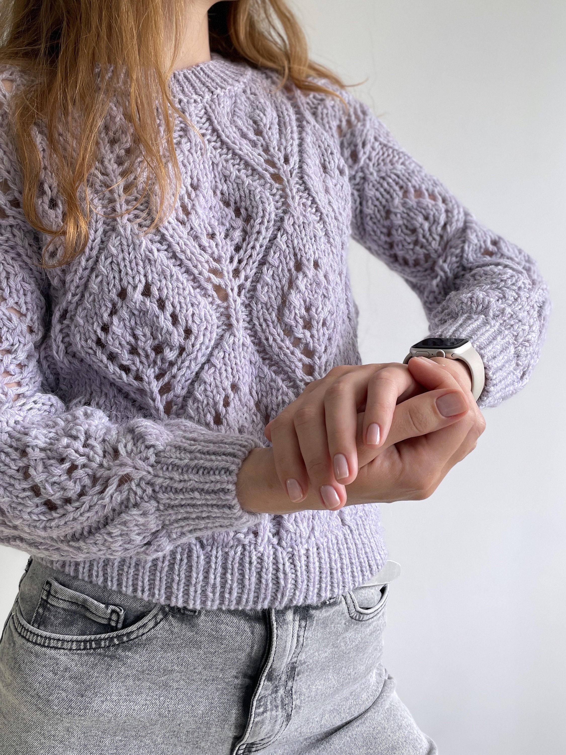 Chunky Hand Knit Sweater Women Knit Sweater With Leaves Lilac Angora ...