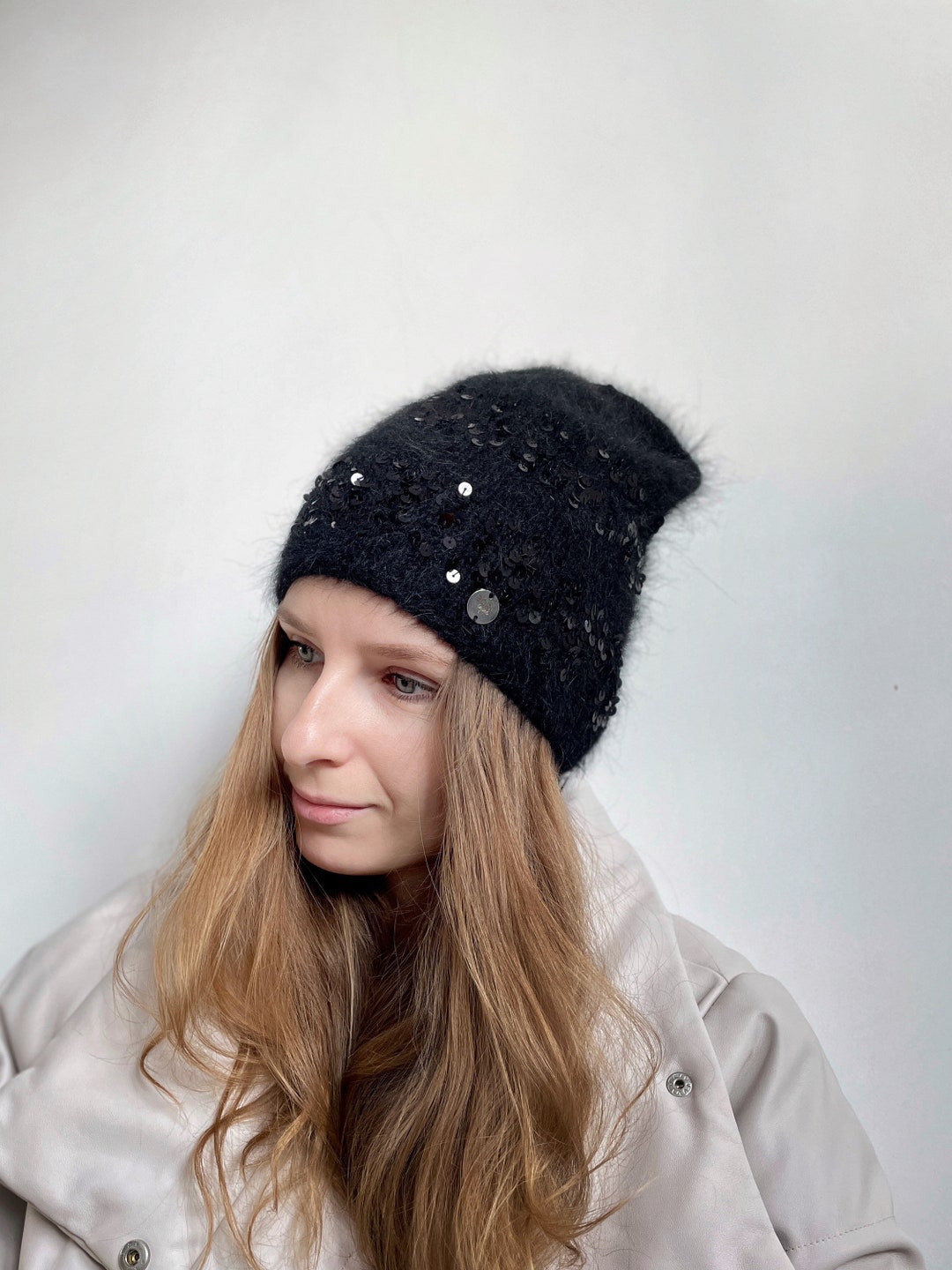 Black Shiny Angora Beanie Sequined Angora Hat Sequins Embellished ...