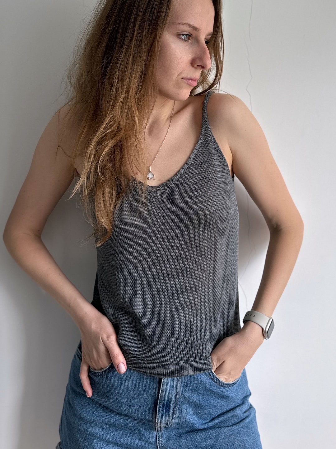 Gray Silk Knit Top Classic Silk Tank Top Silk Knit Blouse Silk Camisole ...