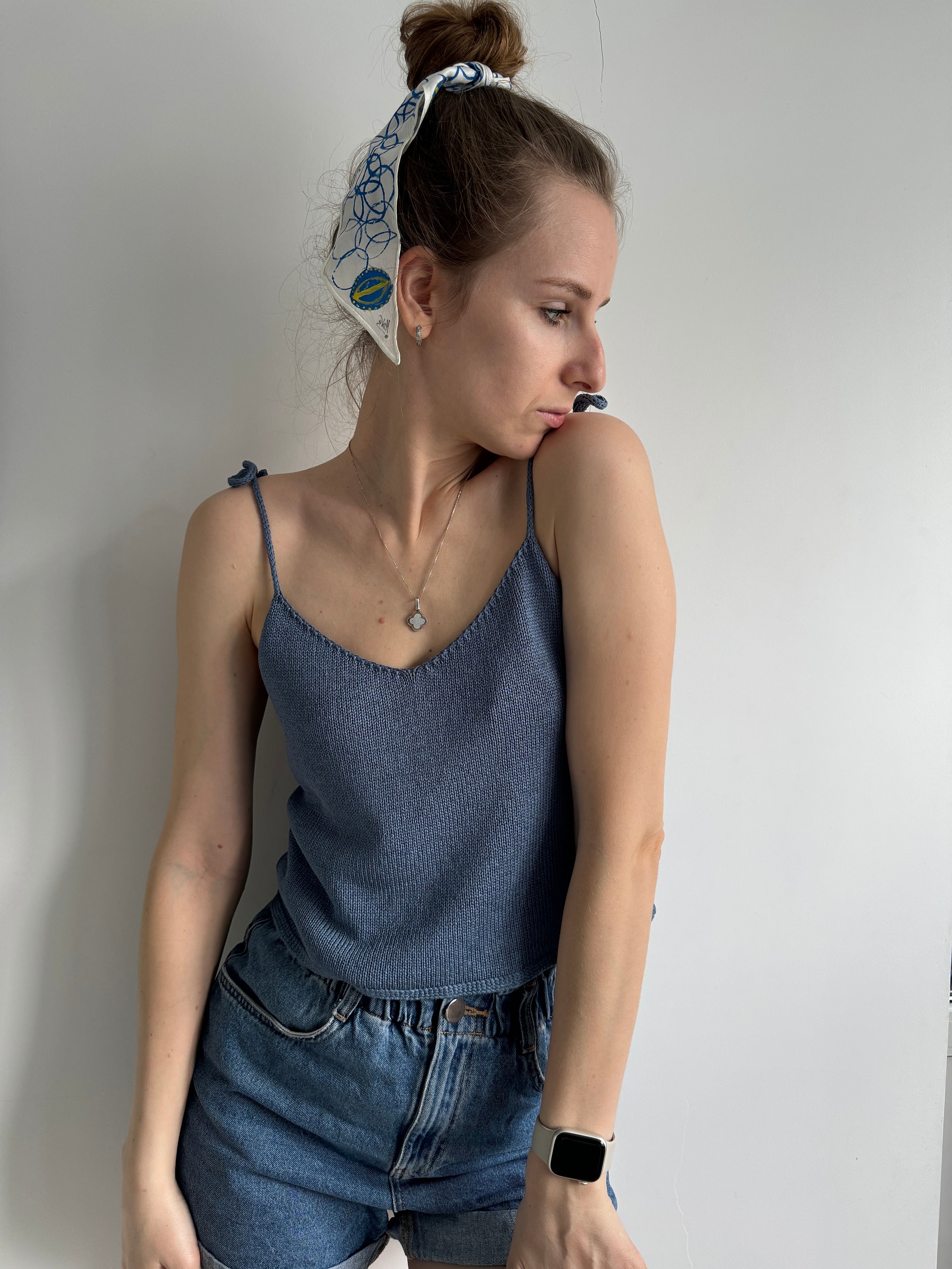 Silk Knit Crop Top Blue Classic Silk Tank Top Silk Knit Blouse Silk ...