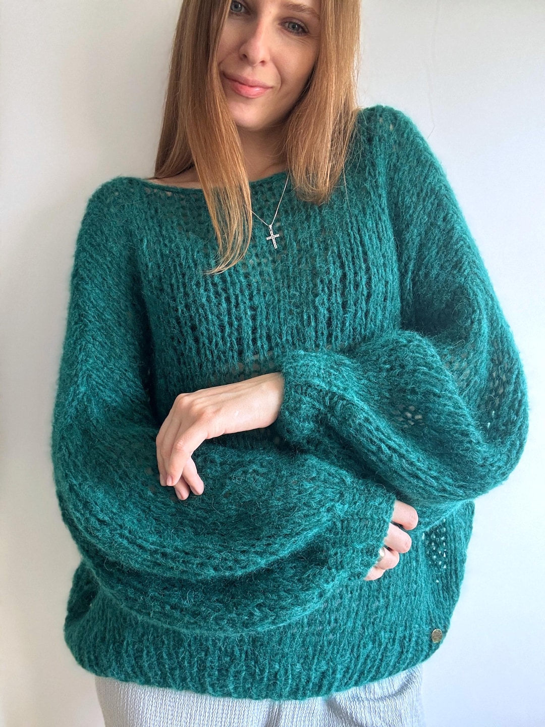 Green Chunky Knit Oversized Sweater Knitted Mohair Sweater off Shoulder ...