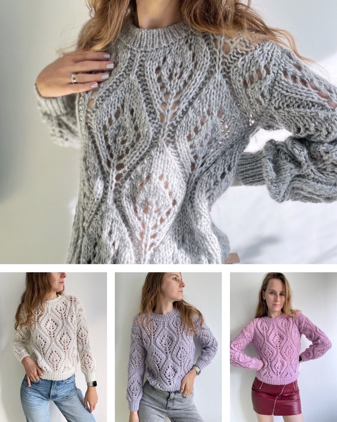 Chunky Hand Knit Sweater Women Knit Sweater With Leaves Gray Angora ...