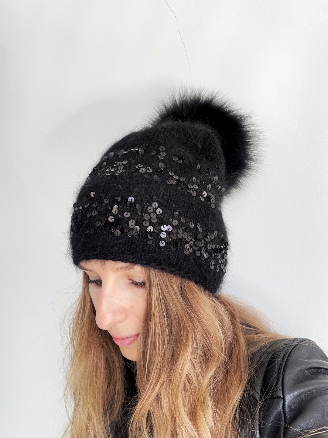 Black Sequined Angora Hat With Pompom for Women Fluffy Soft Winter Knitted Hat Embellished ...
