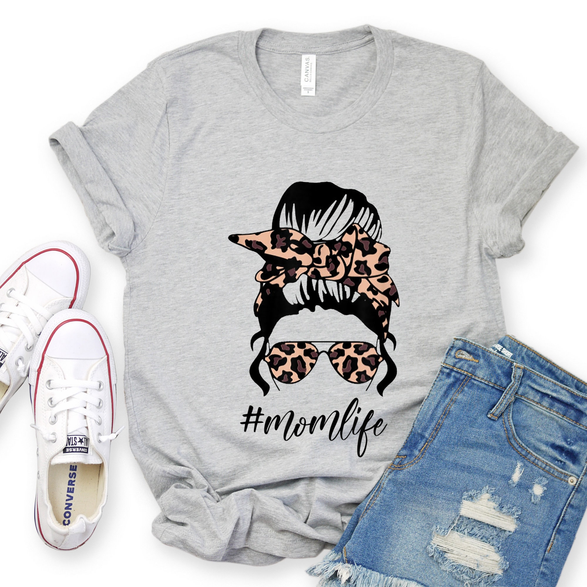 Momlife Shirt Leopard Mom Messy Bun Shirt American Mom Etsy
