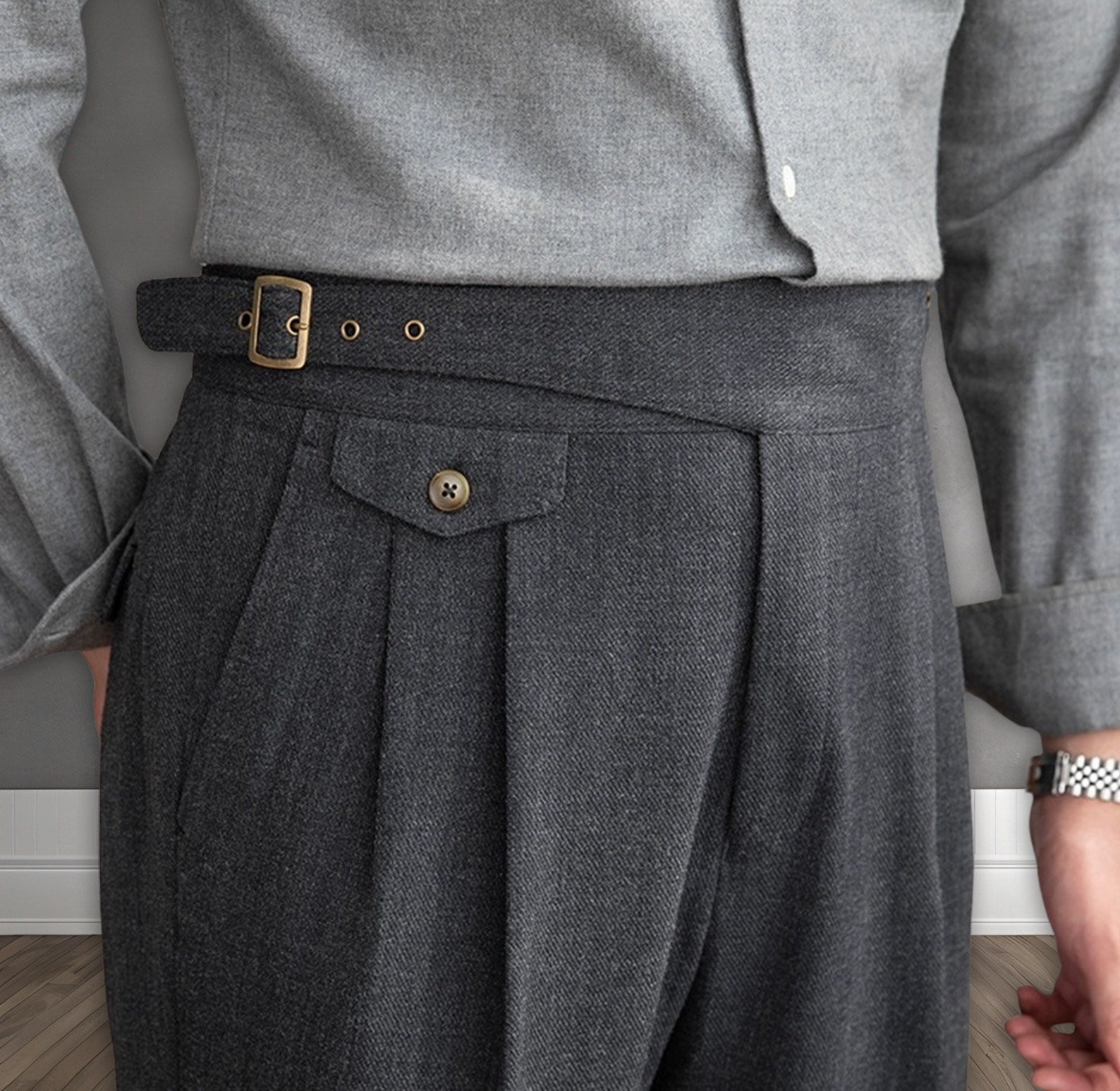 Men Polyester Gurkha Pants, Adjustable Buckle High Waist Front Pleated ...