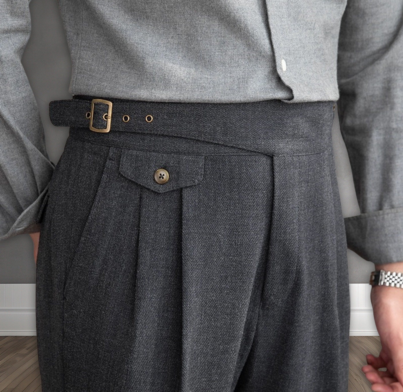 Men Polyester Gurkha Pants, Adjustable Buckle High Waist Front Pleated ...