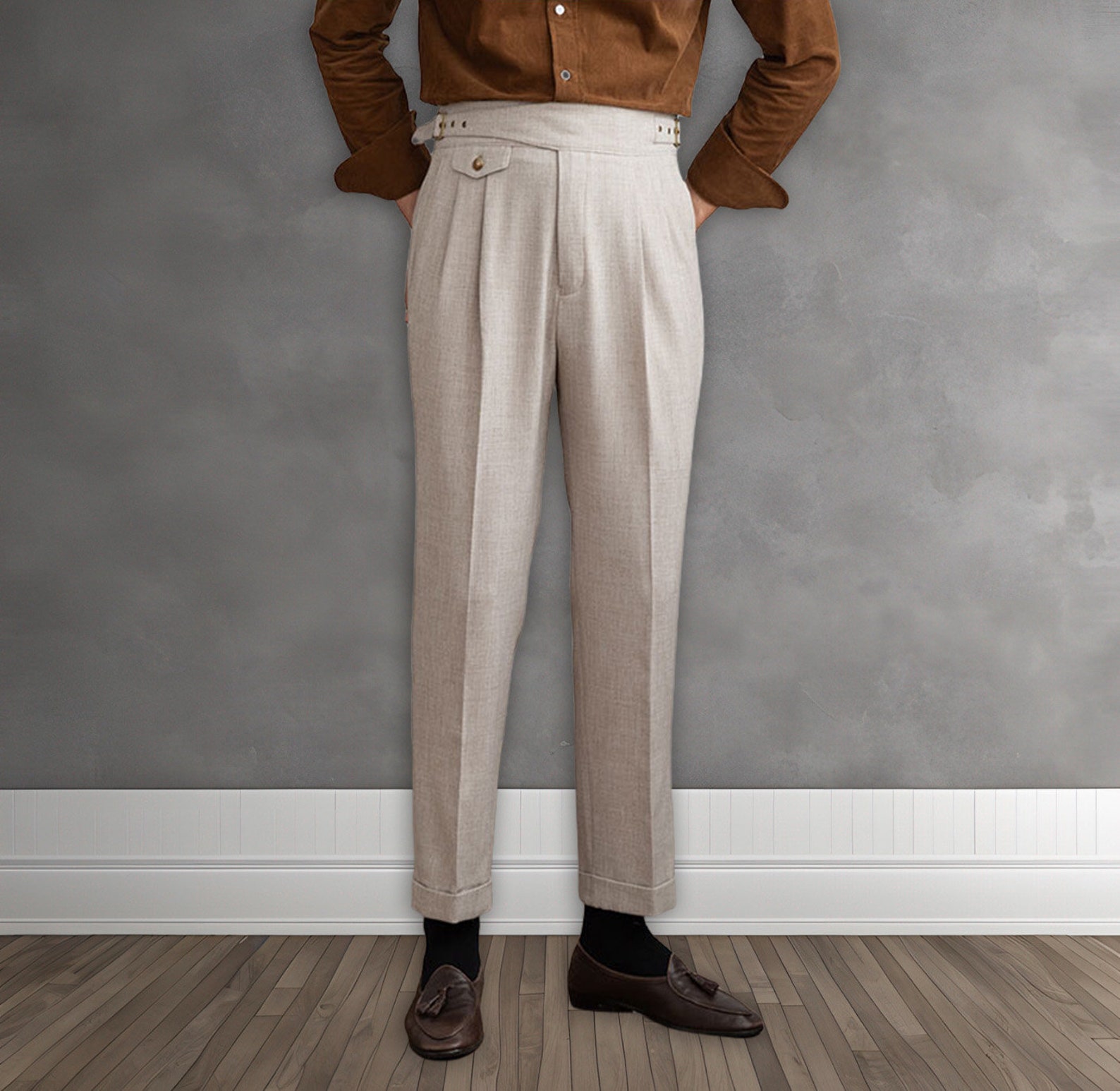Men Polyester Gurkha Pants, Adjustable Buckle High Waist Front Pleated ...