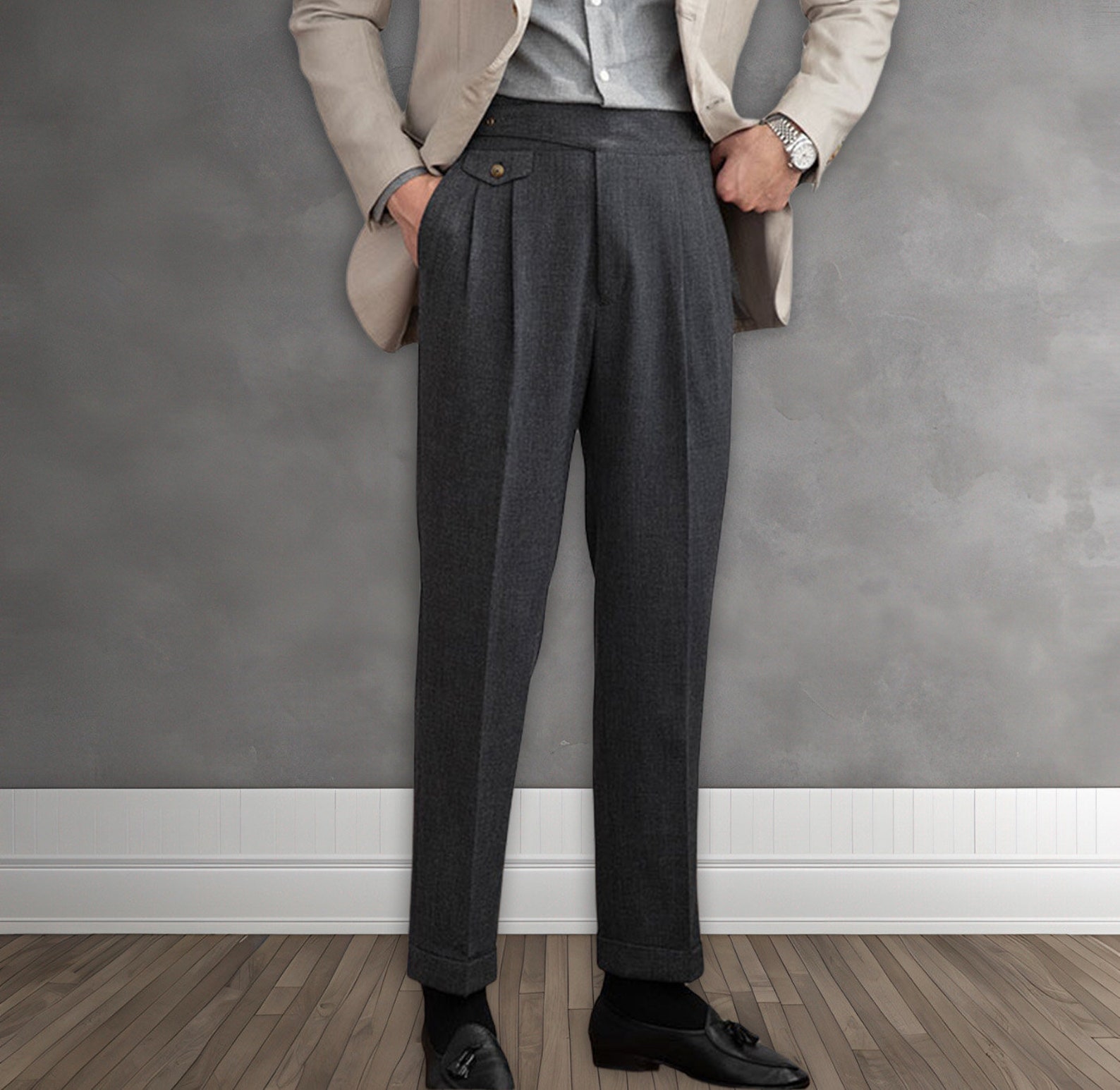 Men Polyester Gurkha Pants, Adjustable Buckle High Waist Front Pleated ...