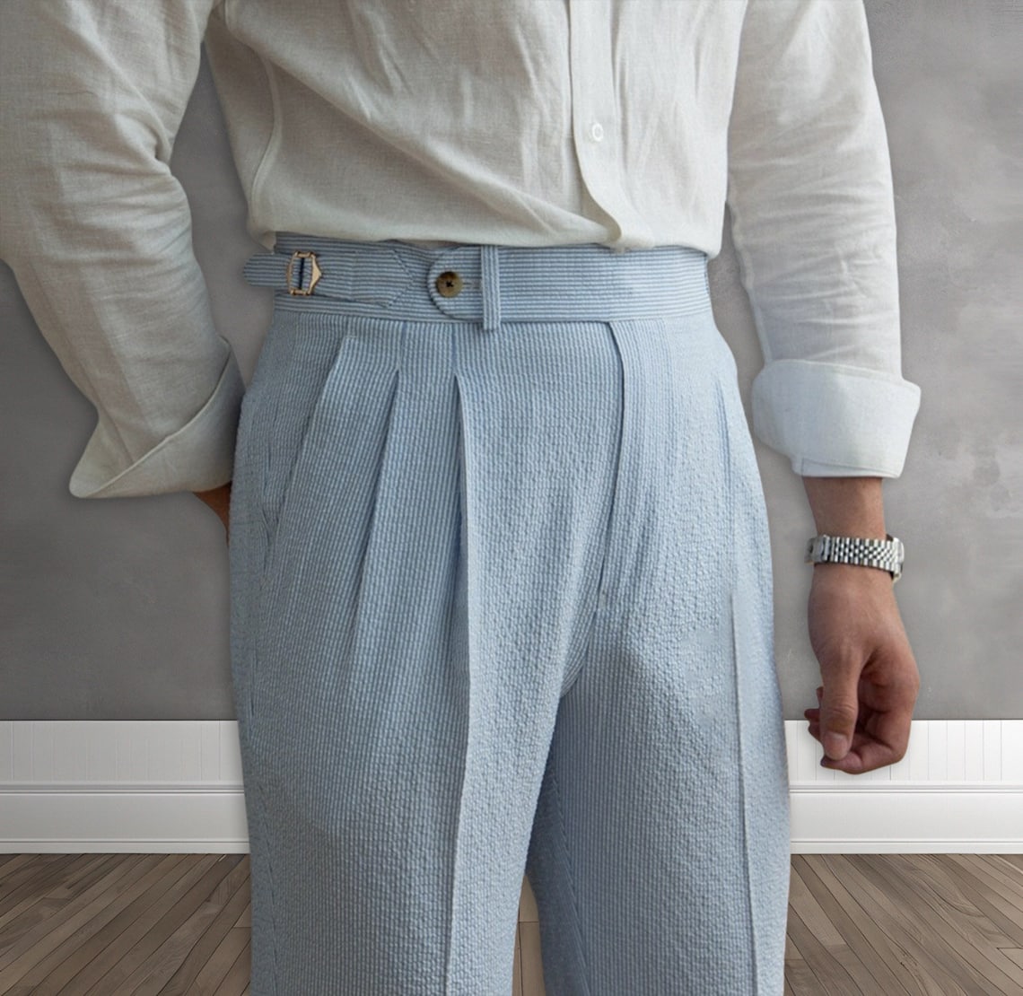 Men Blue Gurkha Pants, Summers Phloysers Pants With Pleats, Men Casual ...