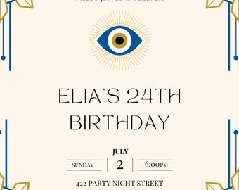 Evil Eye Birthday Invitation Blue and Gold Theme Customizable Digital ...
