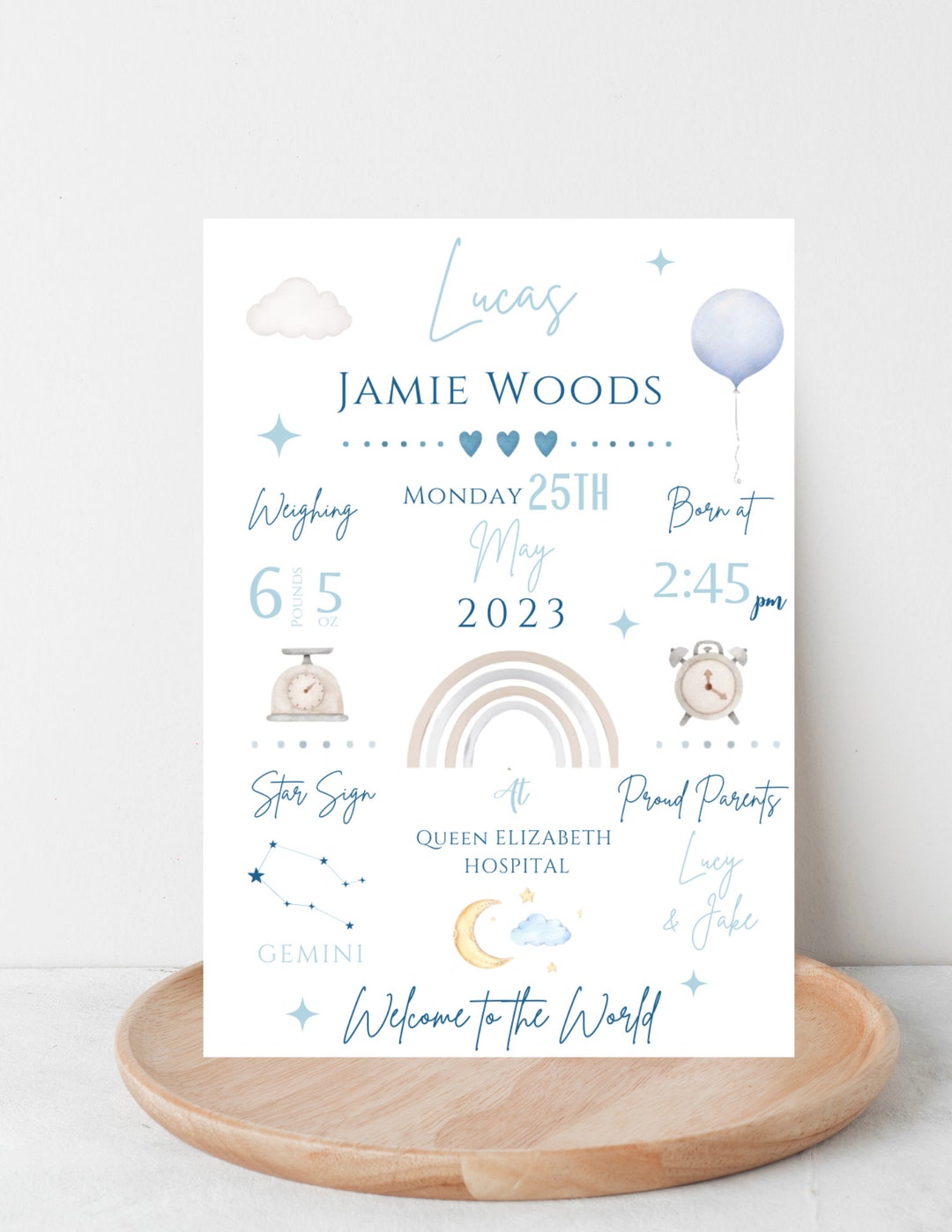 Newborn Baby Personalised Blue Birth Stats Keepsake Memory Print ...