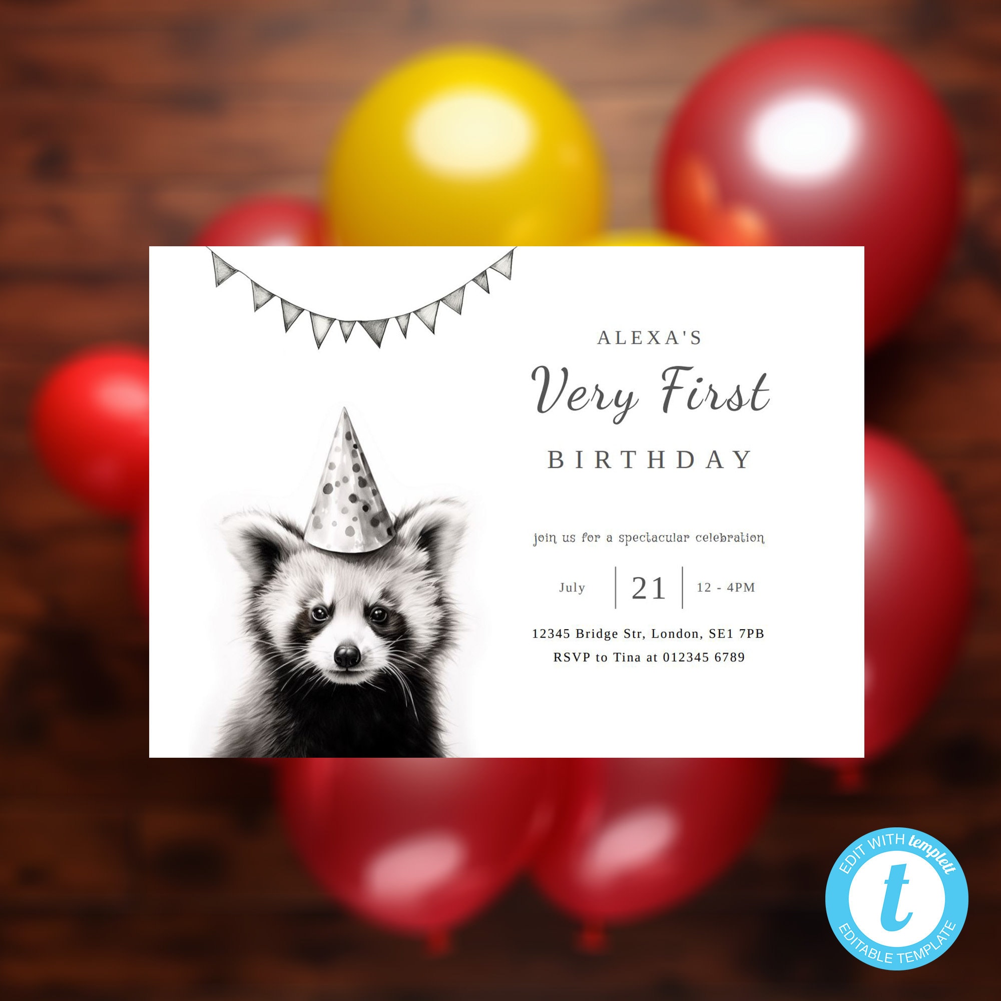 Red Panda Birthday Invitation, Instant Digital Download, Printable ...