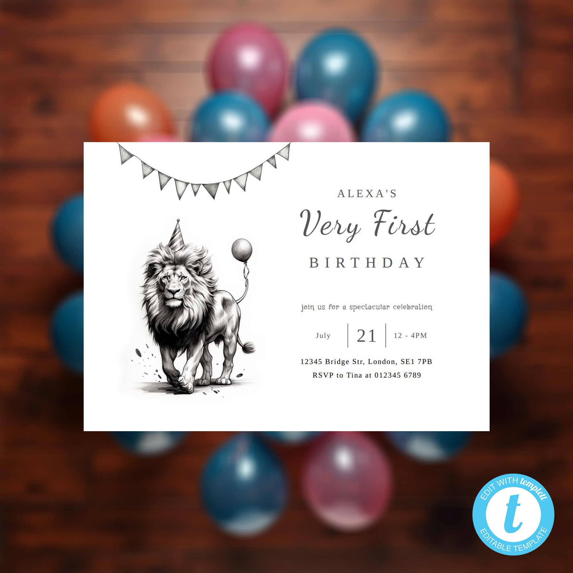 Lion Birthday Party Invitation, Instant Digital Download, Printable ...