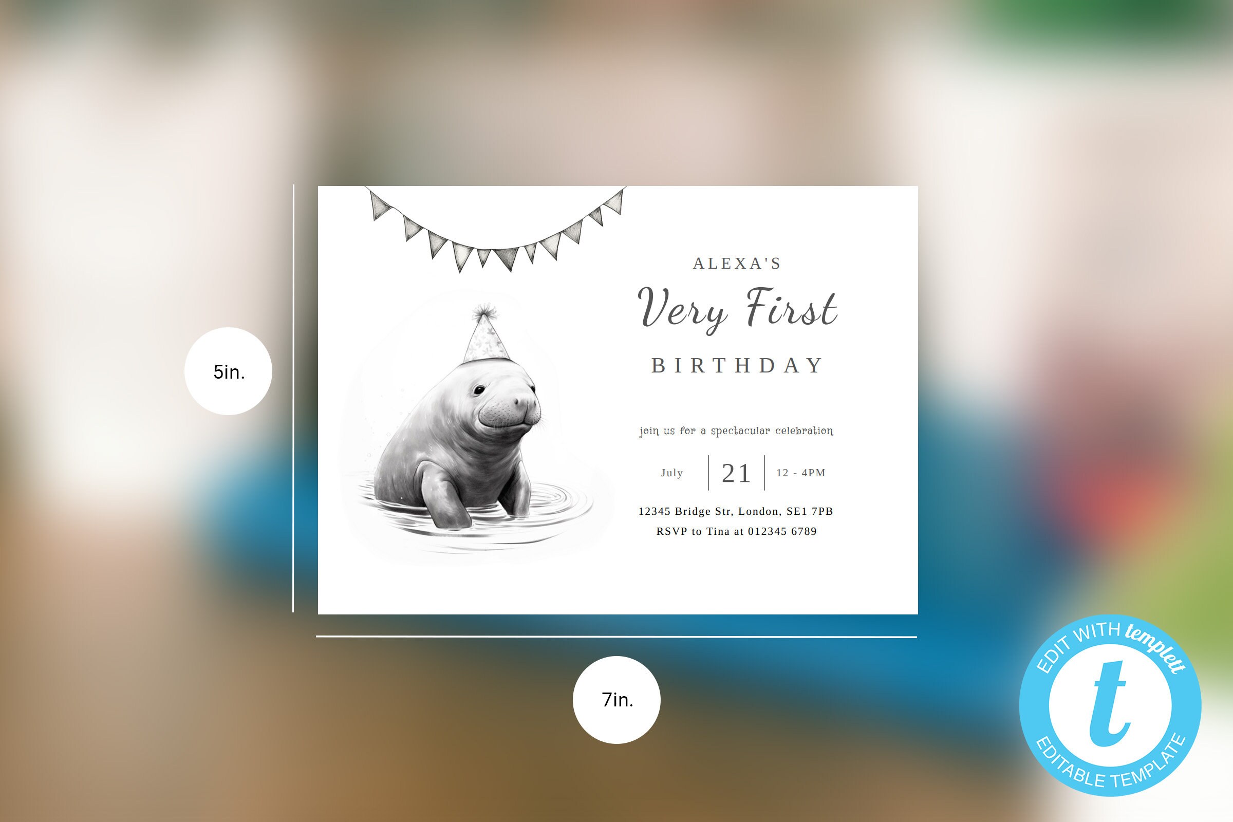 Baby Manatee Birthday Party Invitation, Instant Digital Download ...