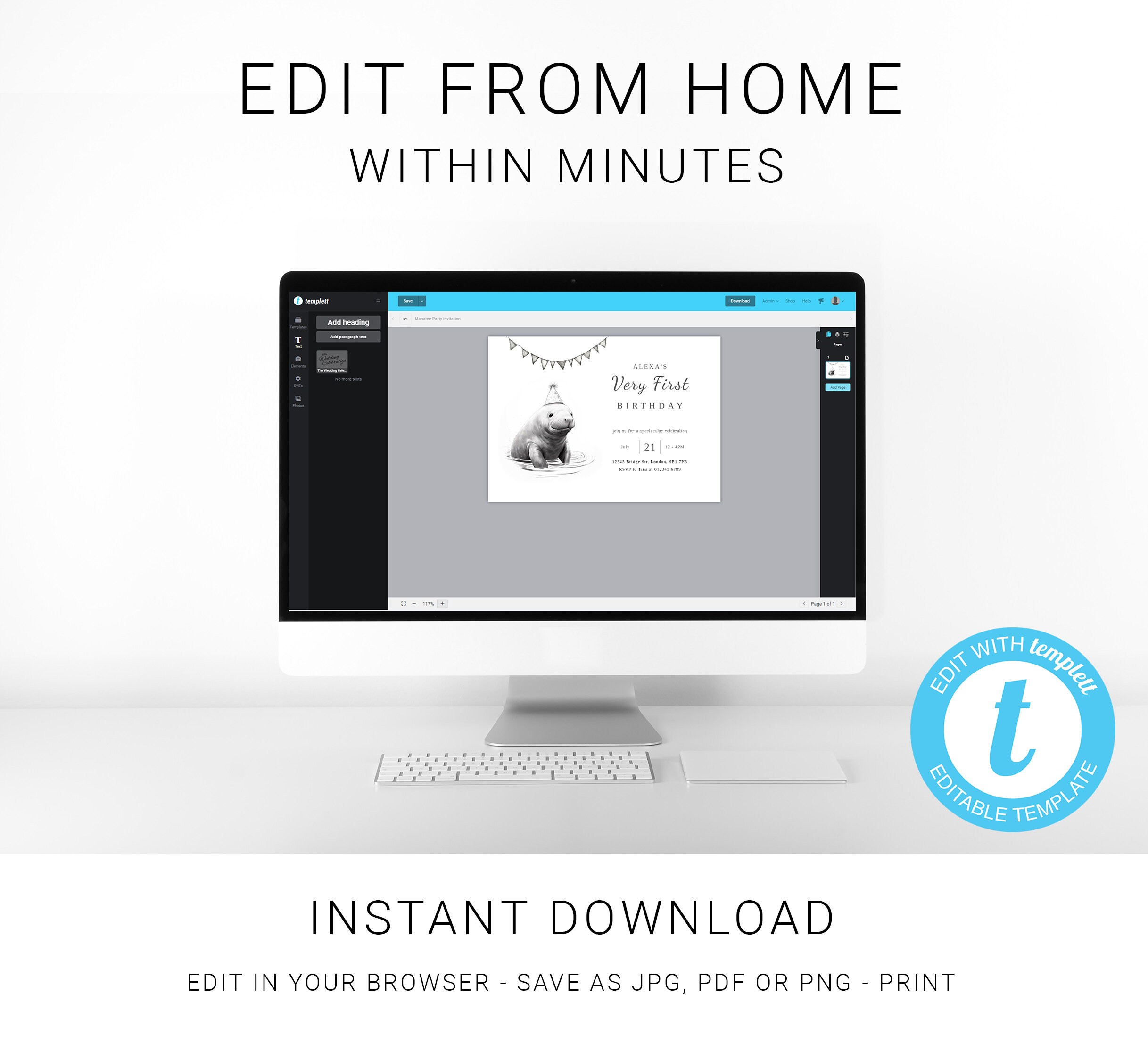 Baby Manatee Birthday Party Invitation, Instant Digital Download ...