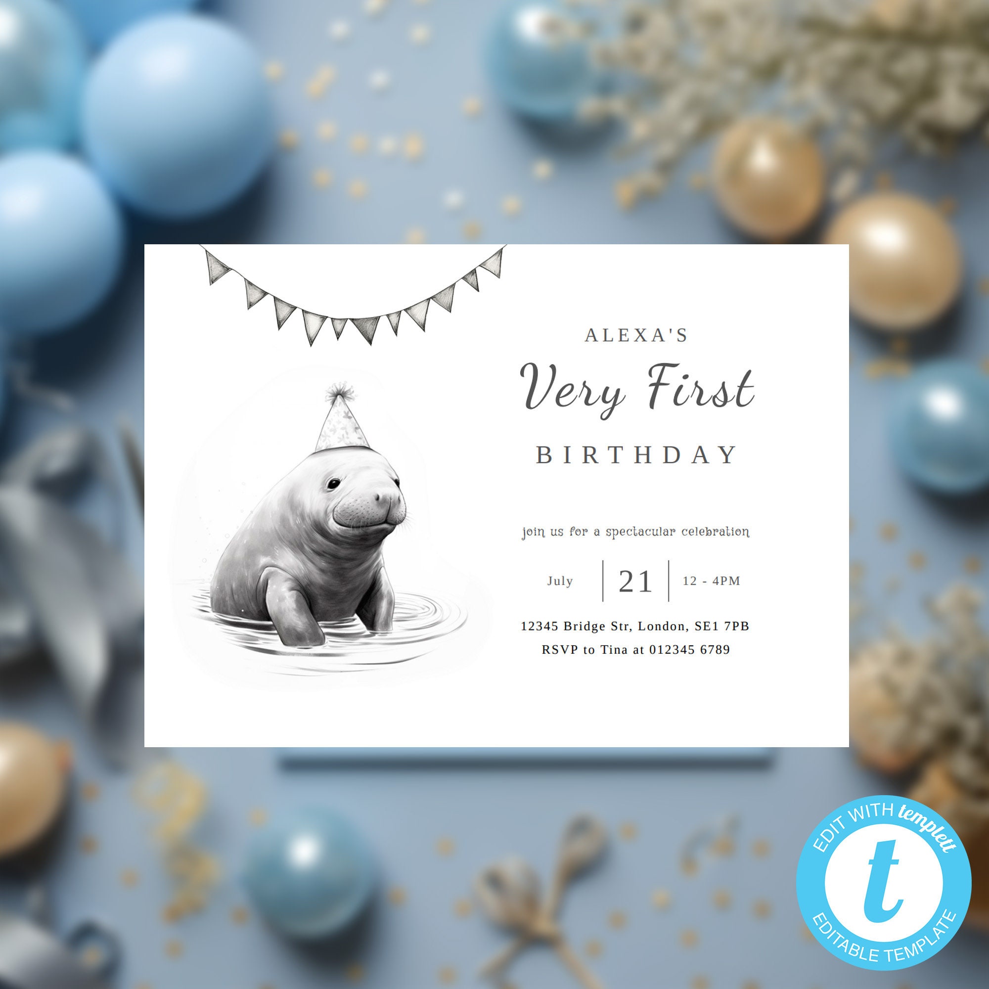 Baby Manatee Birthday Party Invitation, Instant Digital Download ...