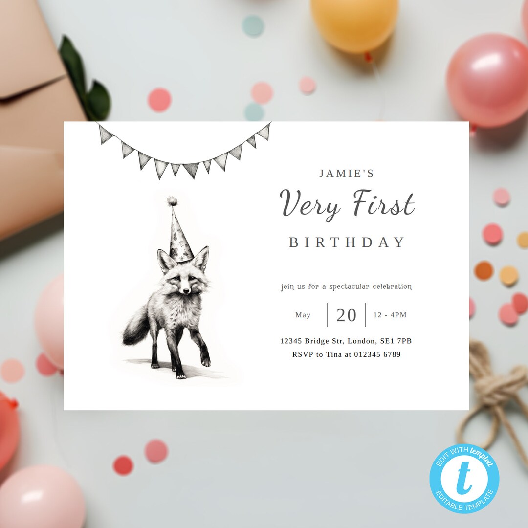 Fox Party Hat Birthday Invitation, Instant Digital Download, Printable ...