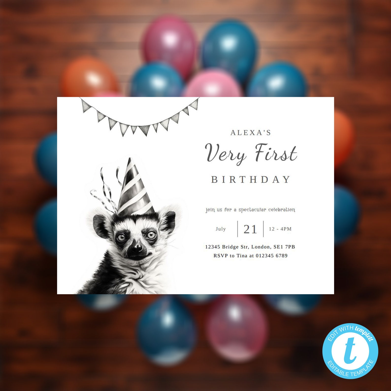 Lemur Birthday Party Invitation, Instant Digital Download, Printable Customizable Lemurs Party ...