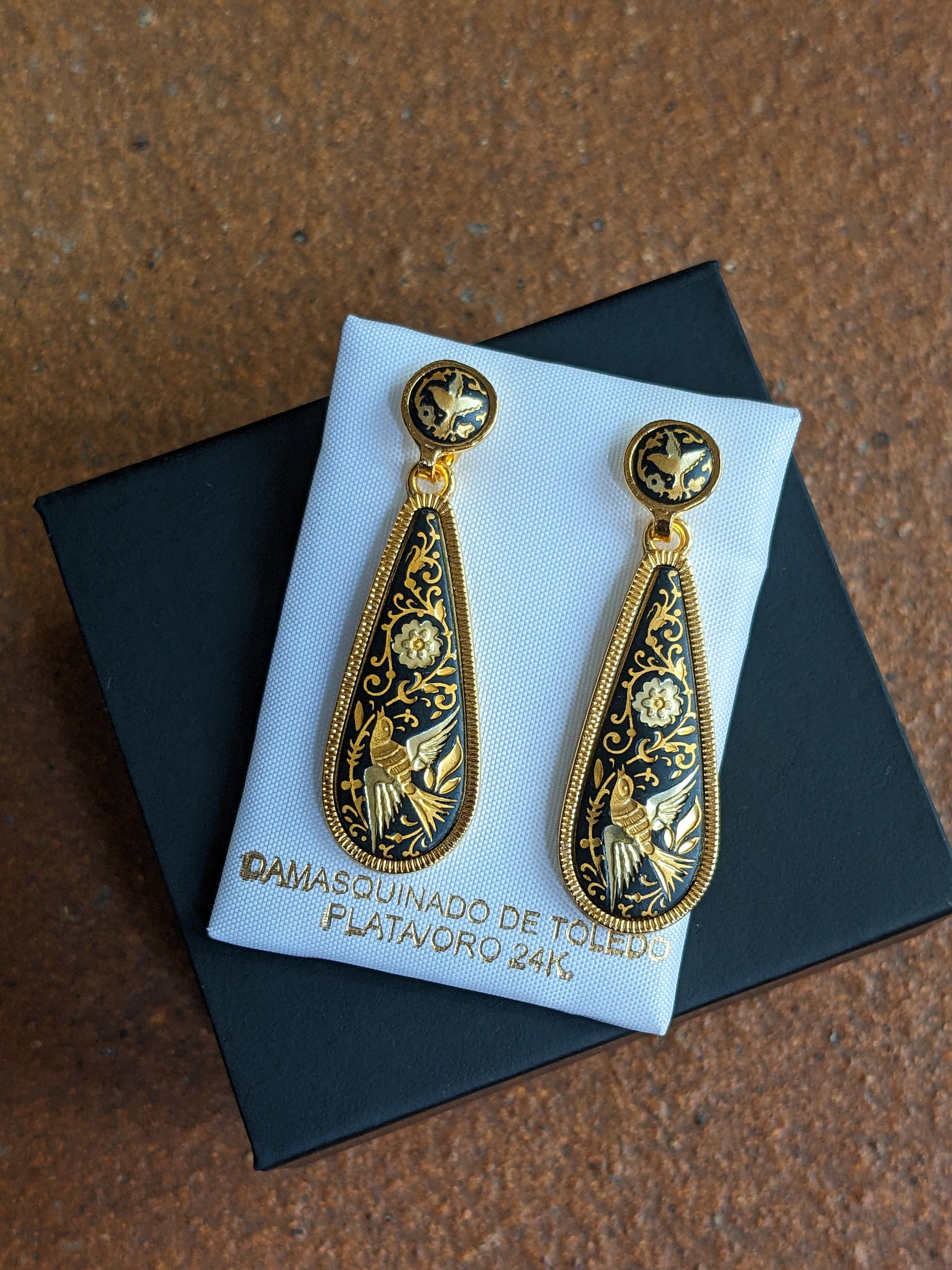 24K Gold & Steel Spanish Long Drop Earrings Elegant and Sophisticated ...