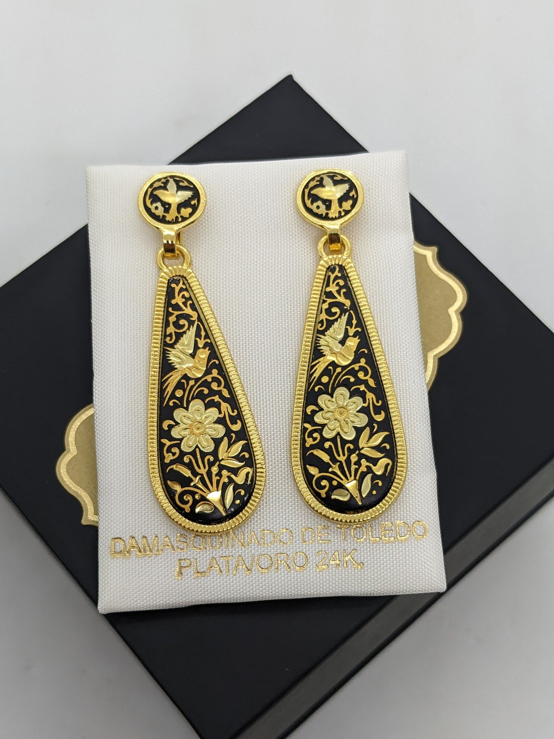 Spanish Long Drop Women's Earrings Spain 24K Gold & Steel -flowers - Etsy