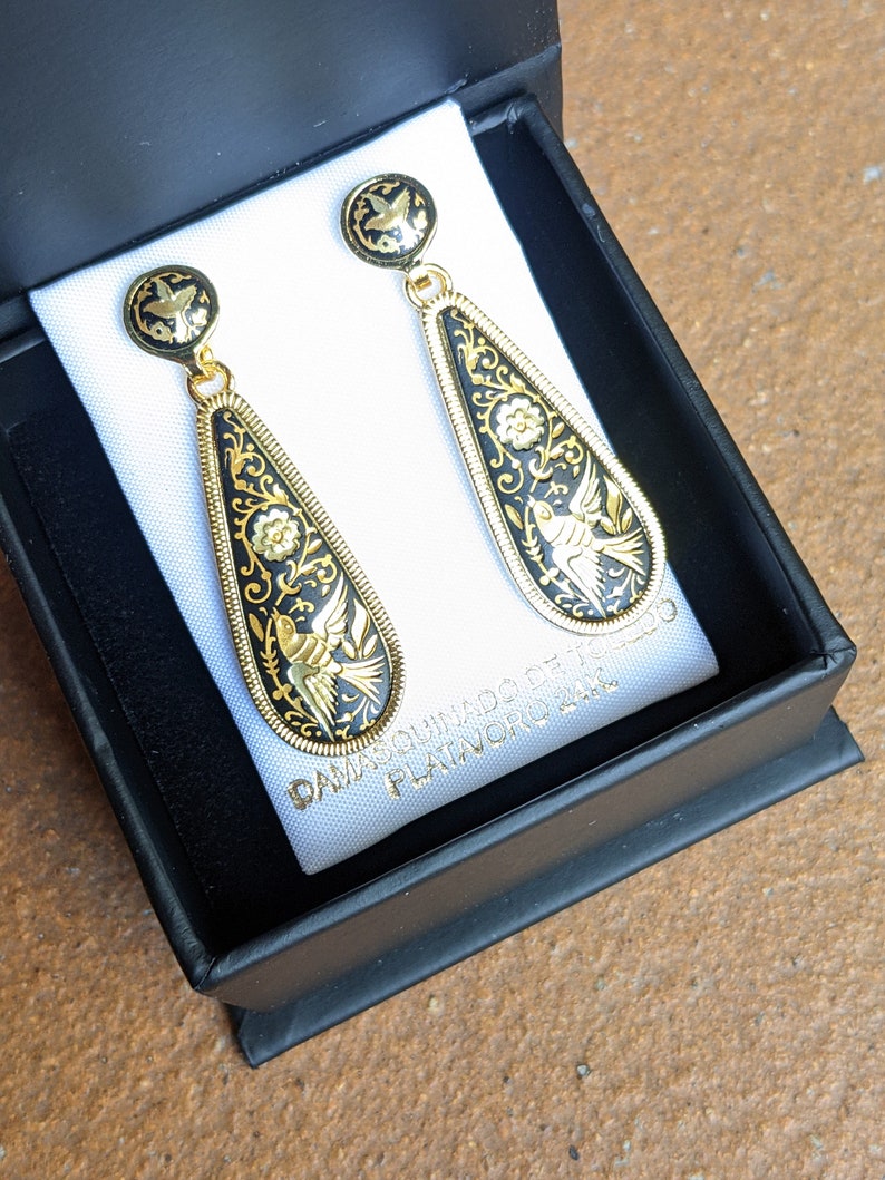 24K Gold & Steel Spanish Long Drop Earrings Elegant and Sophisticated ...