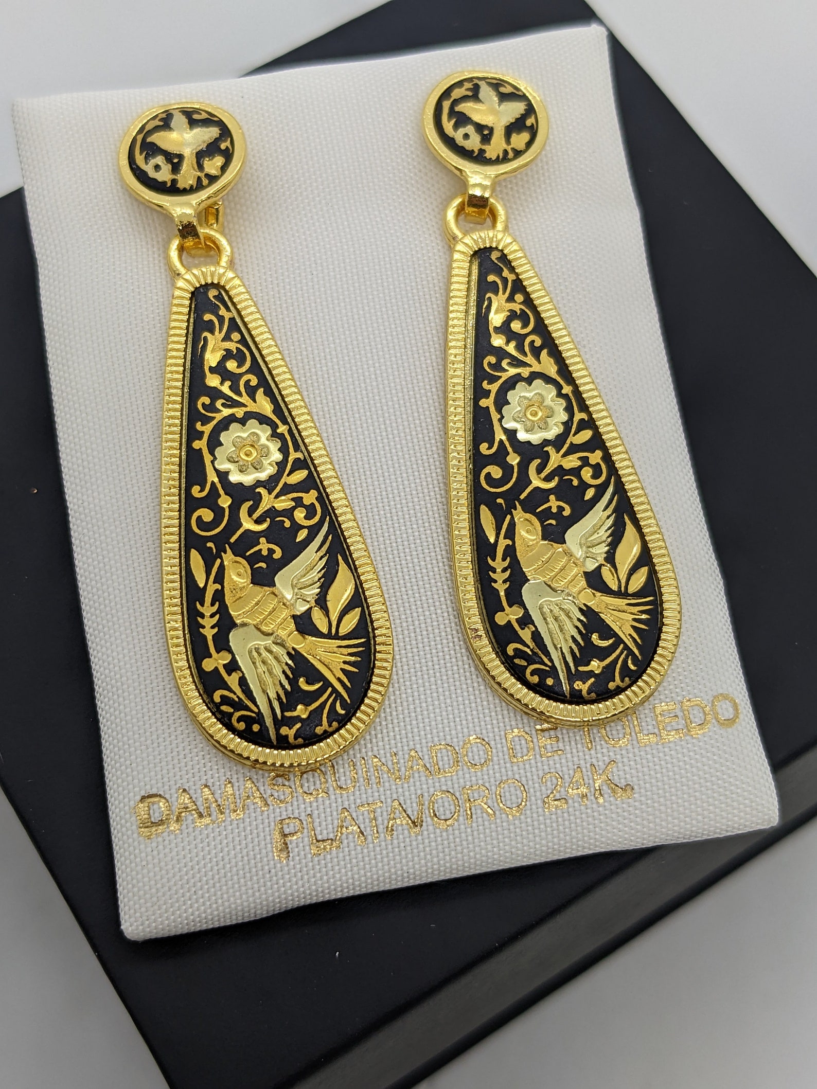 24K Gold & Steel Spanish Long Drop Earrings Elegant and Sophisticated ...