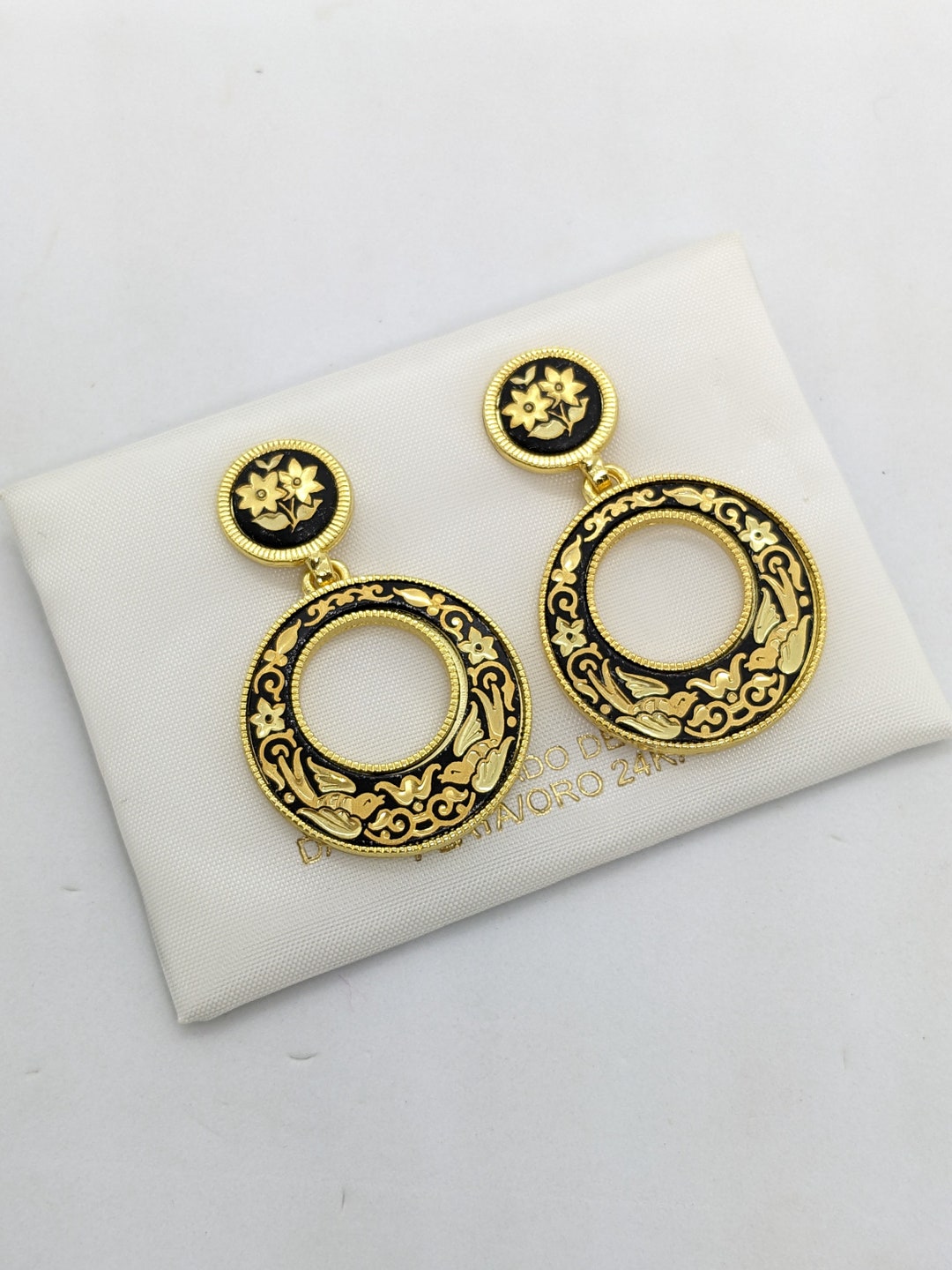 24K Gold Damascene Hoop Earrings – Spanish Toledo Steel, Birds ...