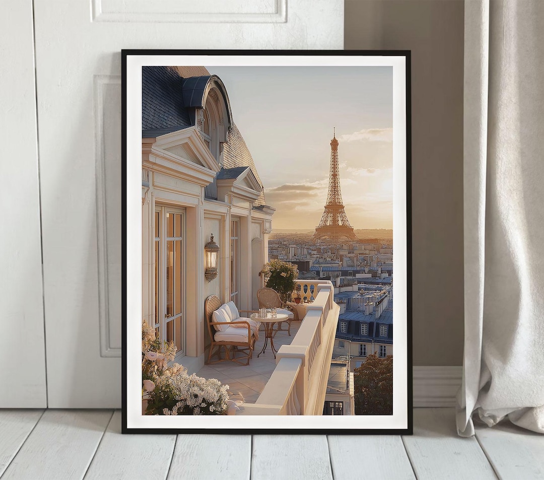 Romantic Paris Balcony View Elegant Wall Art Eiffel Tower Sunset Chic ...