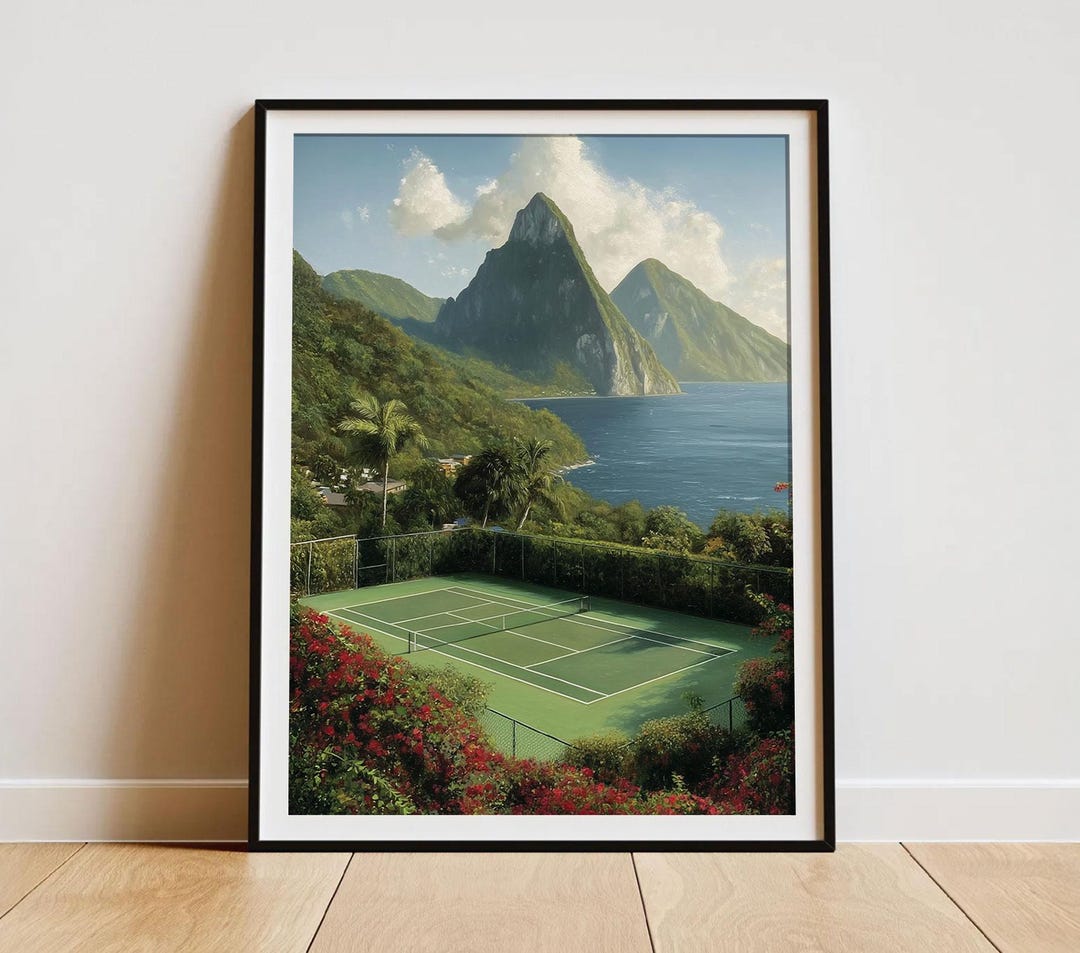 Tropical Tennis Court Ocean Scenic Landscape Wall Art St. Lucia Pitons ...