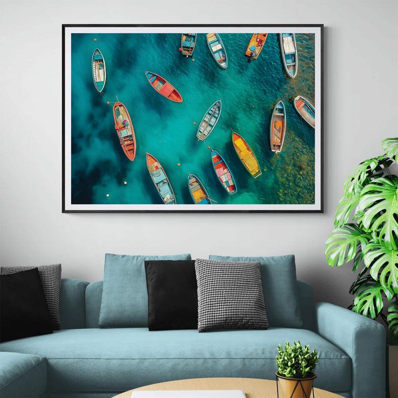 Ocean Fishing Boats Nautical Blue Aerial Wall Art Colorful Coastal ...
