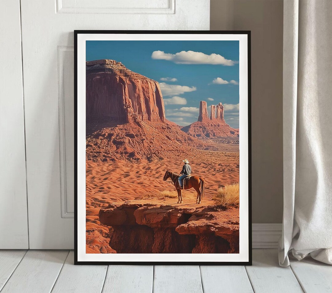 Cowboy on Horse Desert Wall Art Monument Valley Western Landscape ...