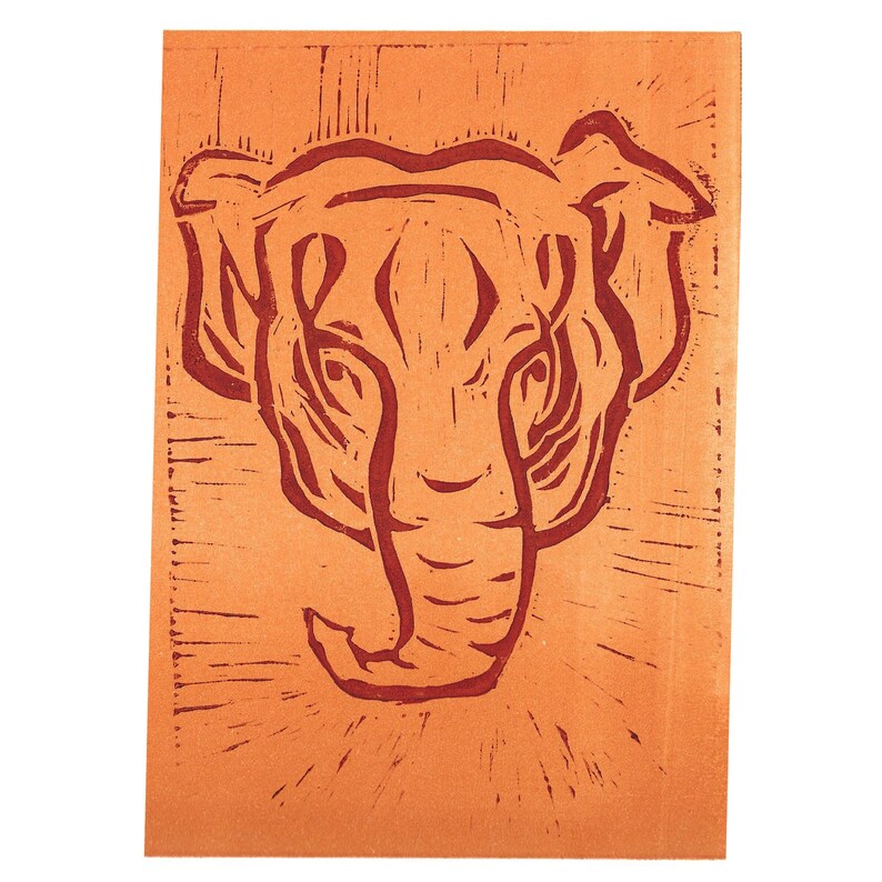 Sunset Elephant Lino Print A6 orange Background - Etsy