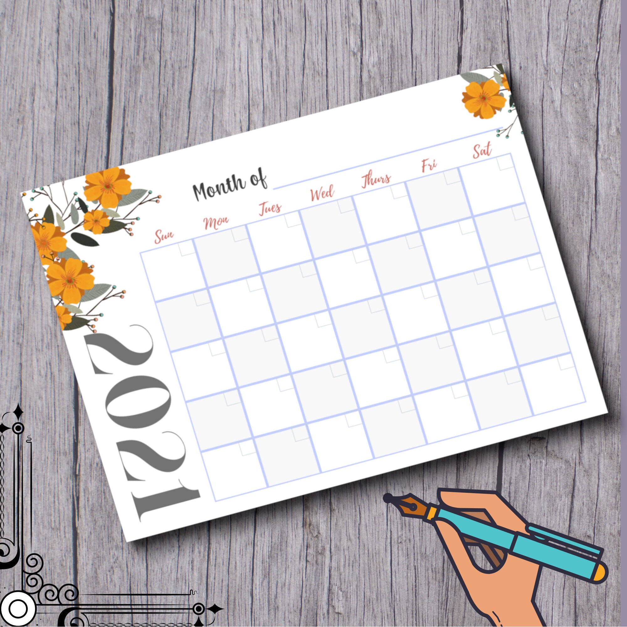 PRINTABLE 2021 Calendar 11x 8.5 Flower Calendar - Etsy