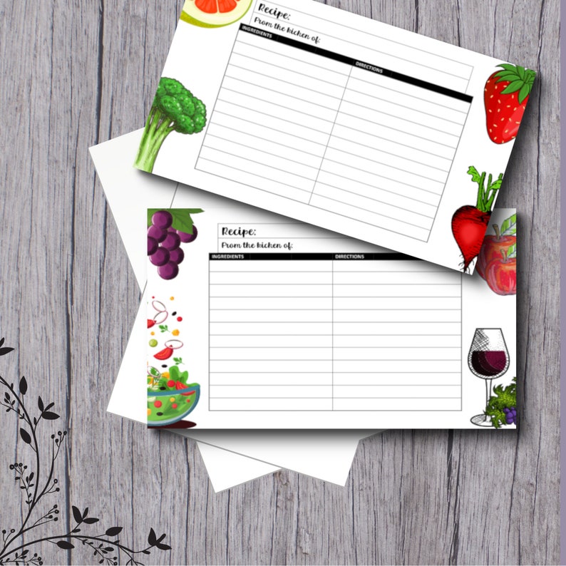DOWNLOADABLE 4x 6 Recipe Cards 2, Ingredients Cards, Digital Recipe ...