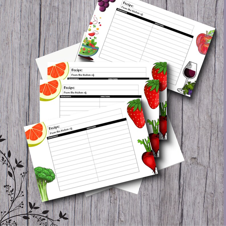 DOWNLOADABLE 4x 6 Recipe Cards 2, Ingredients Cards, Digital Recipe ...