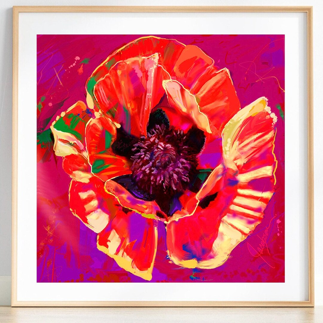 Poppy Flower Red Wall Art Print, Abstract Poppy Painting on Red Wall ...